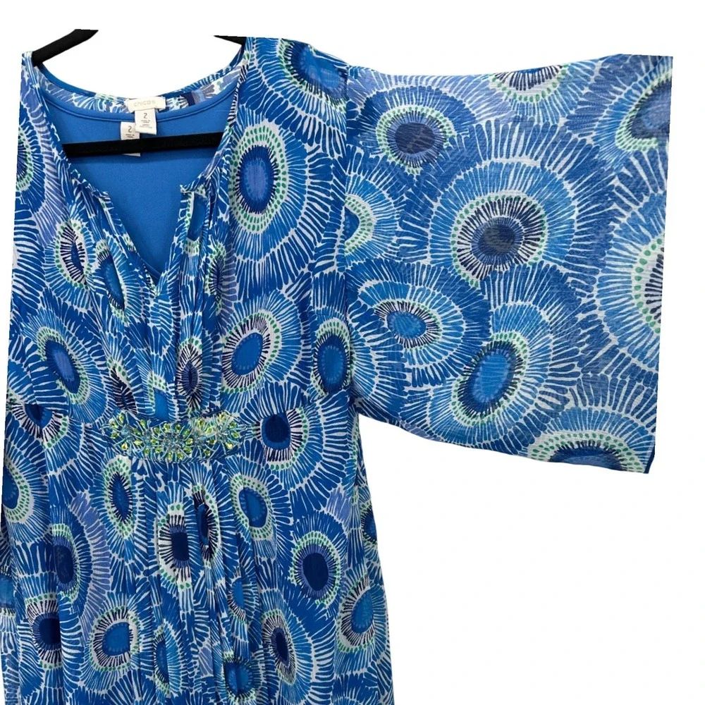 Chico's | Dresses | Chicos Blue Print Rhinestone Embellished Vneck ...
